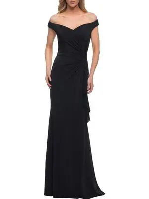 La Femme Off-the-shoulder Ruched Jersey Gown - Black