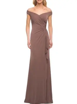 LABOMME Off-the-shoulder Ruched Gown - Cocoa