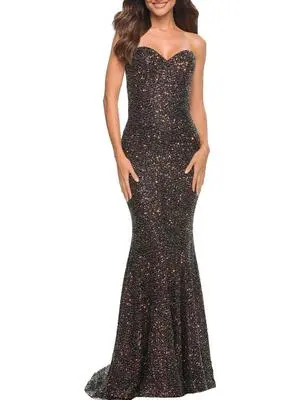 La Femme Strapless Sequin Gown - Black