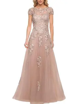 La Femme Lace And Tulle Gown With Sleeves - Blush