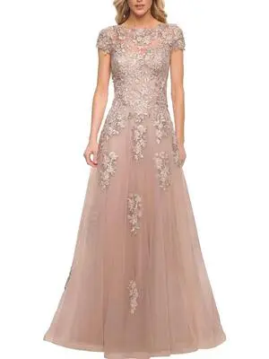 La Femme Cap Sleeve Tulle Gown - Blush