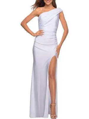 LABOMME One-shoulder Ruched Jersey Gown With Slit - White