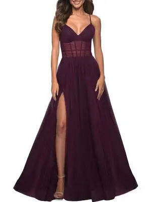 LABOMME Tulle A-line Gown With Corset Bodice - Dark Berry