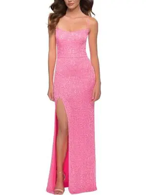 LABOMME Sequin Gown With Square Neckline - Neon Pink