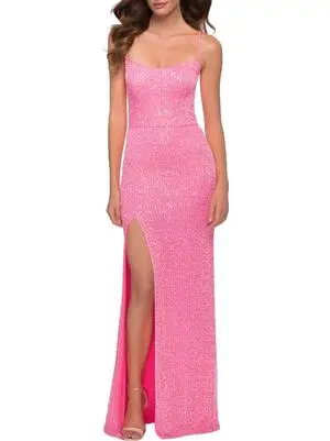 La Femme Sequin Gown With Plunging Side Slit And Open Back - Neon Pink