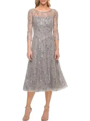 La Femme Sequined Cocktail Dress With Illusion Bodice - Silver