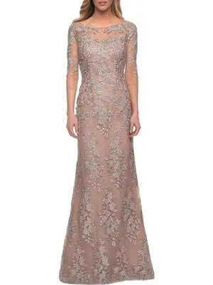 La Femme Lace Applique Column Gown - Champagne