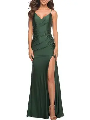 LABOMME Diagonal Ruched Jersey Gown - Dark Emerald