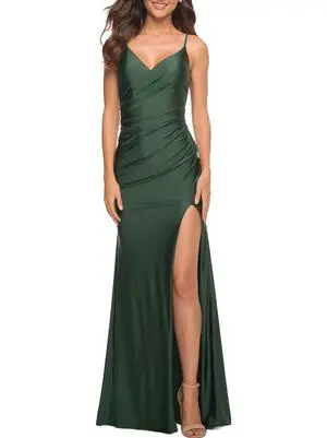 La Femme Sleeveless Jersey Mermaid Gown With Slit - Dark Emerald