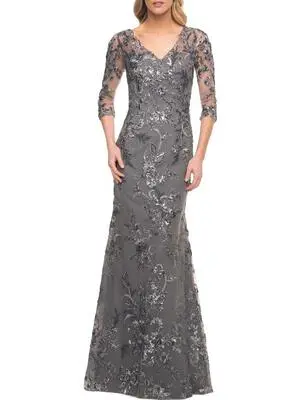 La Femme Beaded Lace Gown With Sleeves - Gunmetal