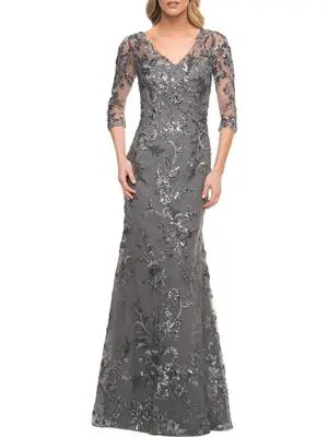 La Femme Beaded Lace Mermaid Gown - Gunmetal