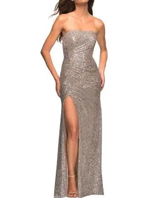 La Femme La Femme Strapless Sequined Gown With Plunging Slit Silver