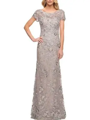 LABOMME Beaded Lace Column Dress - Lavender/gray