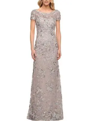 La Femme Lace Column Gown - Lavender/gray