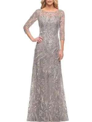 LABOMME Long Beaded Lace Evening Gown - Silver