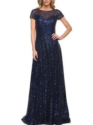 LABOMME Beaded Gown With Short Sleeves - Navy
