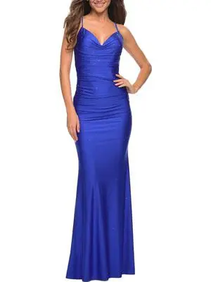 La Femme Embellished Strappy Back Trumpet Gown - Royal Blue