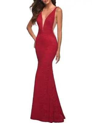 La Femme Illusion Inset Lace Gown - Red