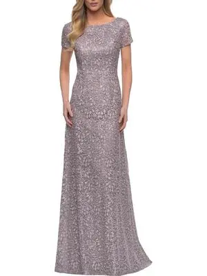La Femme Embroidered Lace Long Gown - Dark Mauve