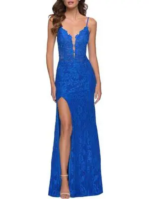 La Femme Stretch Lace Gown With Plunging Neckline And Open Back - Royal Blue