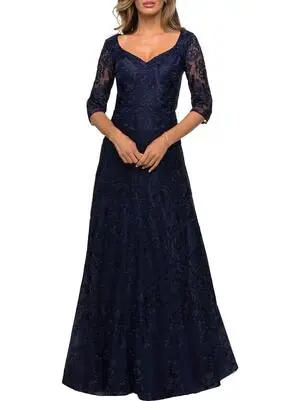 LABOMME Embroidered Lace Gown With V-neckline - Navy