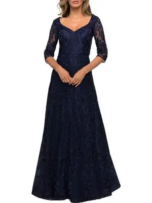 La Femme Embroidered A-line Gown - Navy