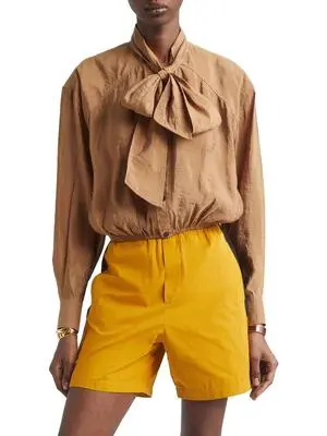 Saint Laurent Gathered Taffeta Tie Neck Top - Caramel