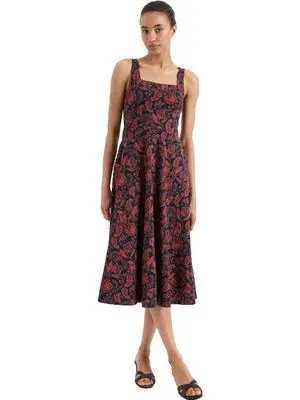 PACT Fit & Flare Square Neck Organic Cotton Dress Navy Blooming Vines