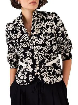 Mint Velvet Jacquard Floral Cropped Jacket - Black