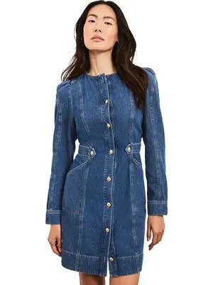 Mint Velvet Denim Puff Sleeve Mini Dress - Blue