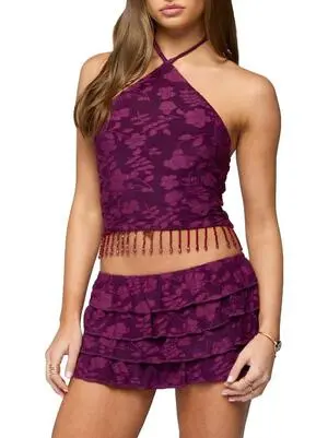 EDIKTED Floral Jacquard Halter Top With Beaded Fringe - Plum
