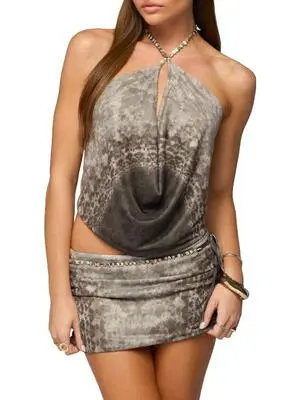 EDIKTED Printed Open Back Halter Top - Brown