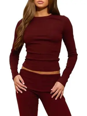 EDIKTED Ivanne Long Sleeve Stretch Cotton Top Burgundy