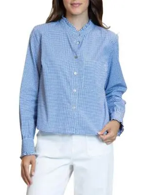 APNY Ruffle Detail Cotton Gingham Button-up Shirt - Cobalt Blue