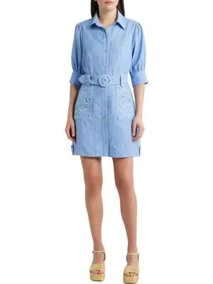 CIEBON Vivian Lace Trim Shirtdress - Blue