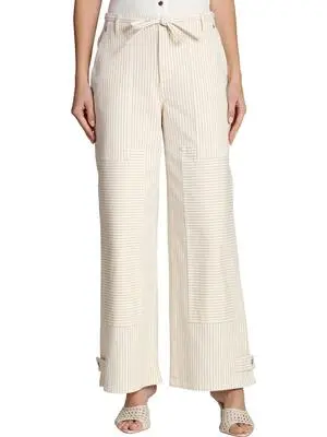 Avec Les Filles Tie Waist Patchwork Wide Leg Pants - Beige - White Stripe