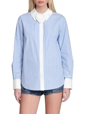 Avec Les Filles Striped Cotton Shirt With Applique - Blue-white Stripe Multi
