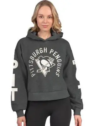 STARTER Pittsburgh Penguins Star Player Cropped Fleece Hoodie - Heather Charcoal