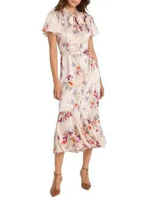 Cinq À Sept Iris Bouquet Willow Tie Neck Midi Dress - Oatmilk Multi