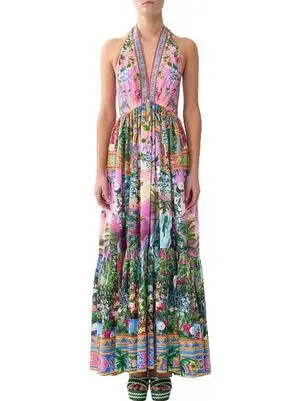 Camilla Ruffle Hem Halter Maxi Dress - Turkish Delight