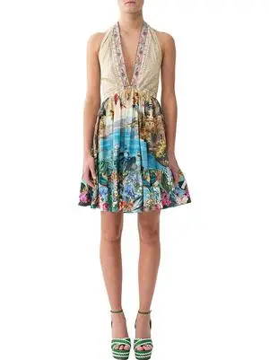 Camilla Ruffle Hem Halter Mini Dress - Bodrum Botanicals
