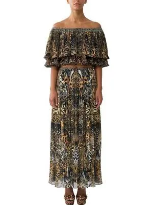 Camilla Printed Pleated Midi Skirt - Feline Folklore