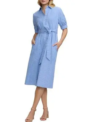 Foxcroft Esther Belted Stripe Cotton Shirt Dress - Blue Multi