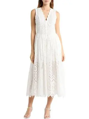 Avec Les Filles Scallop Neck Cotton Eyelet Midi Dress - White
