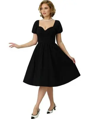 Unique Vintage Sweetheart Puff Sleeve Swing Dress - Solid Black