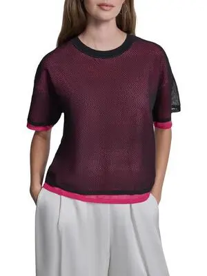 Dkny Boxy Mesh Overlay Top - Black/hot Pink