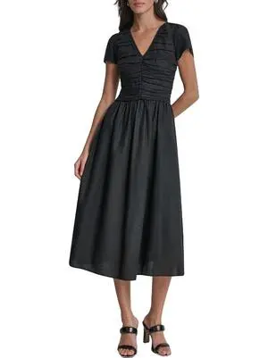 Dkny Ruched Bodice Linen Blend Midi Dress - Black