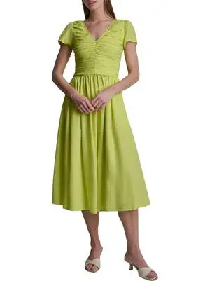 Dkny Ruched Bodice Linen Blend Midi Dress - Limeade
