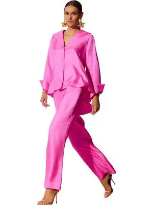 Natori Solid Silk Twill Button-down Shirt - Pink