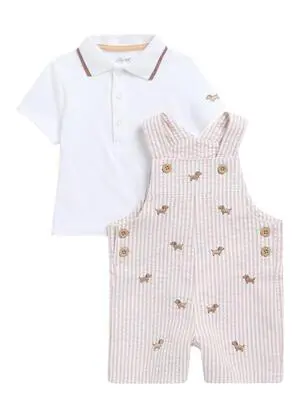 LITTLE ME Puppies Polo Shirt & Shortalls Set - Tan